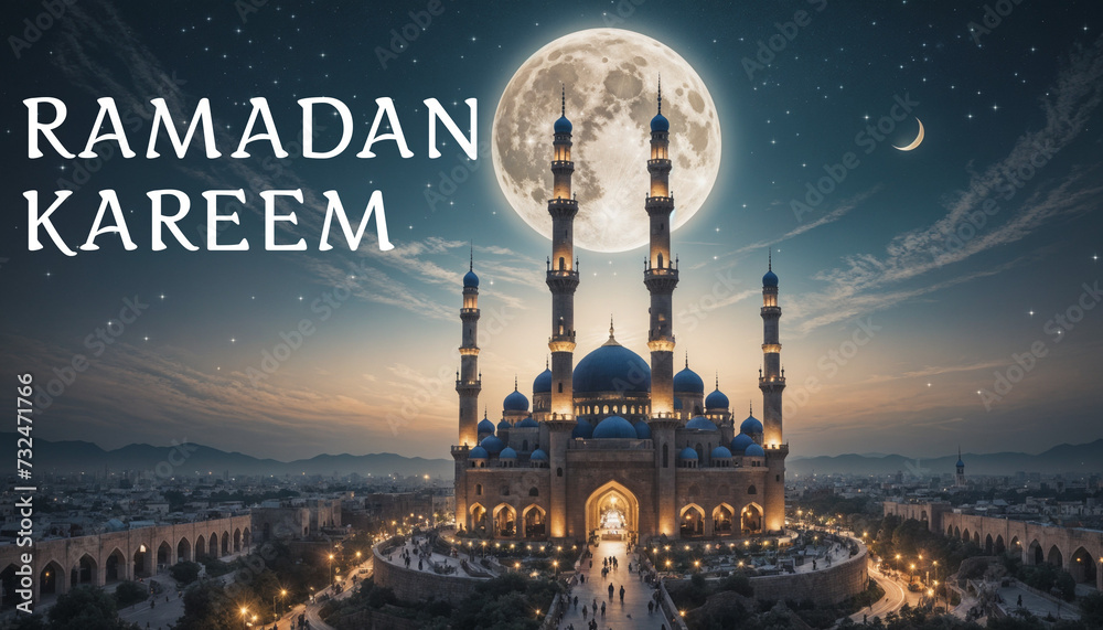 Ramadan celebration poster with text Ramadan Kareem. Grand mosque with ...