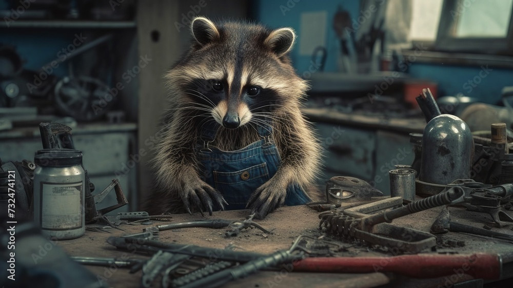 AI generated illustration of a curious racoon working in a metal ...
