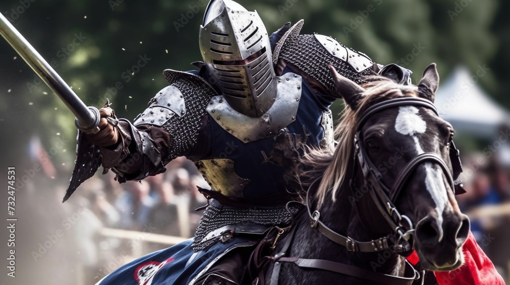 Man wearing full armor astride a majestic horse, firmly gripping the ...