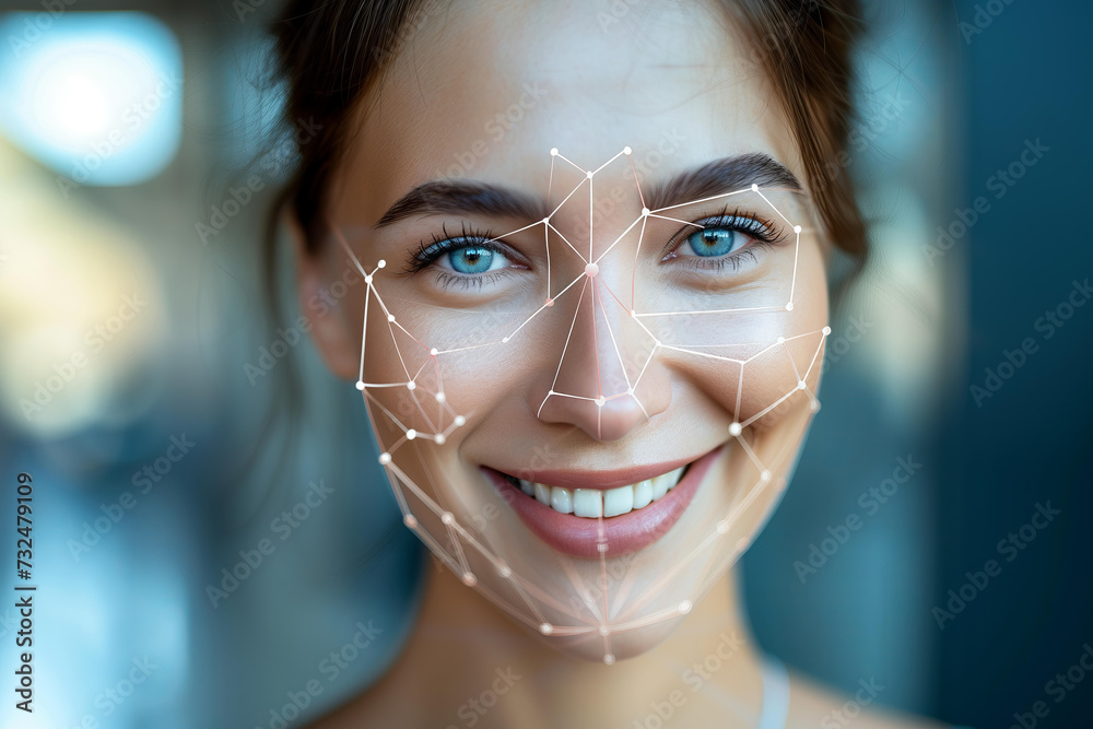 beautiful woman smiling face being recognized by facedetect algorithm ... beautiful woman smiling face being recognized by facedetect algorithm ...