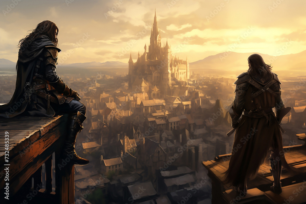 Fantasy two 2 character looking over a fantastic medieval city ...