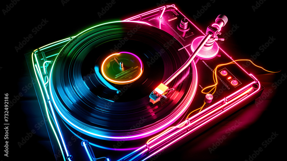 Colorful neon outlines of a vintage record player isotated on black ...