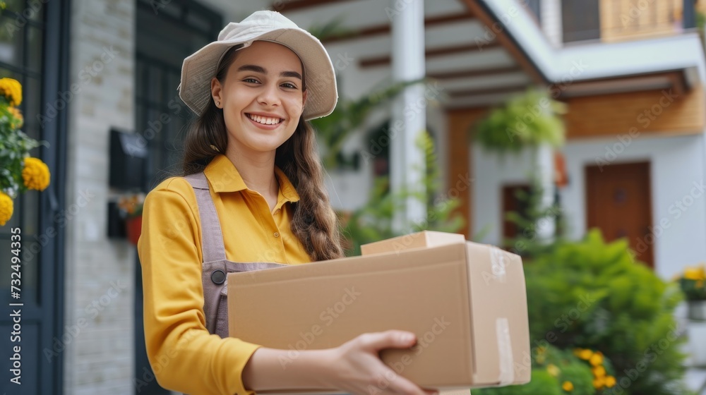 Happy smiling woman receives boxes parcel from courier in front house ...