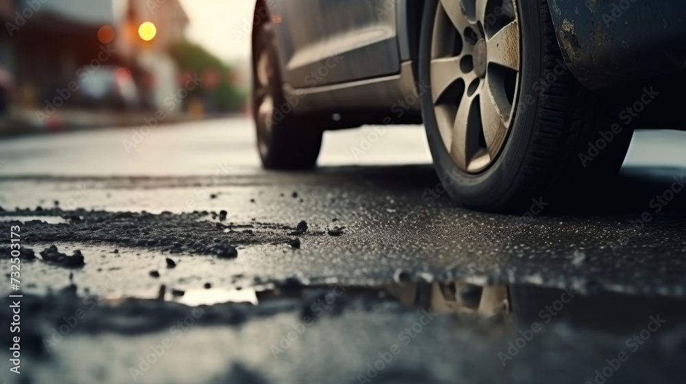 car wheels running and closed up Very bad quality street with potholes ...