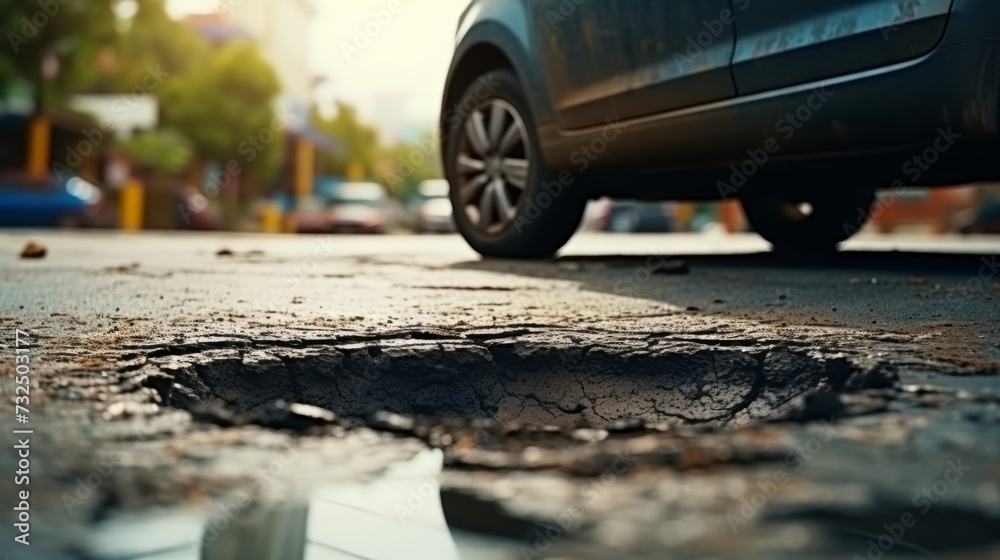 car wheels running and closed up Very bad quality street with potholes ...