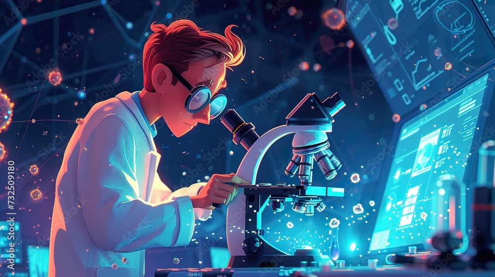 A youthful scientist examines samples through a microscope amidst a ...