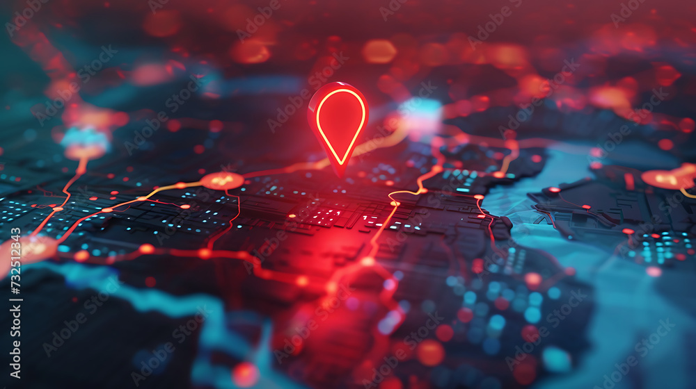 A glowing red marker stands out on the digital map, marking a digital ...
