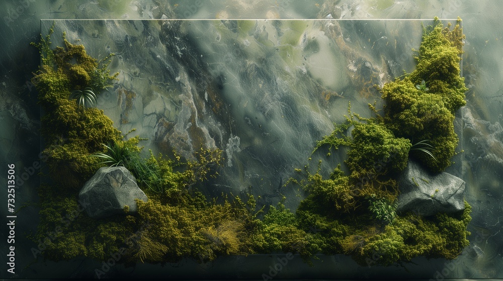 natural green and brown moss on a marble slab that resembles a forest ...