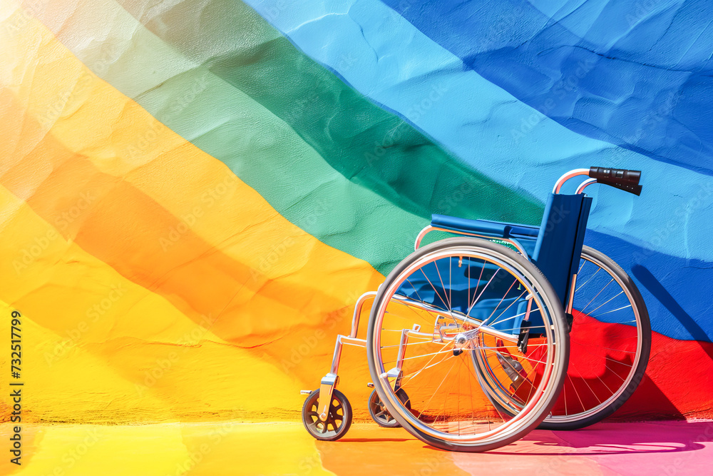 wheelchair next to colorful wall that has colors like blue, red, green ...