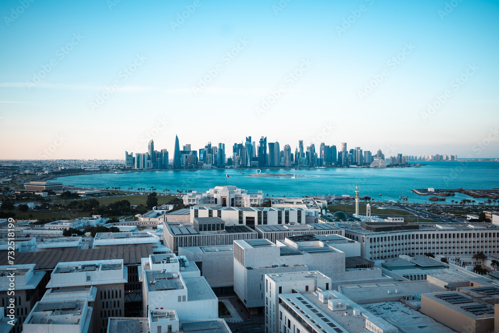 Doha, Qatar - February 3, 2024 -Doha Towers with water in front of them ...