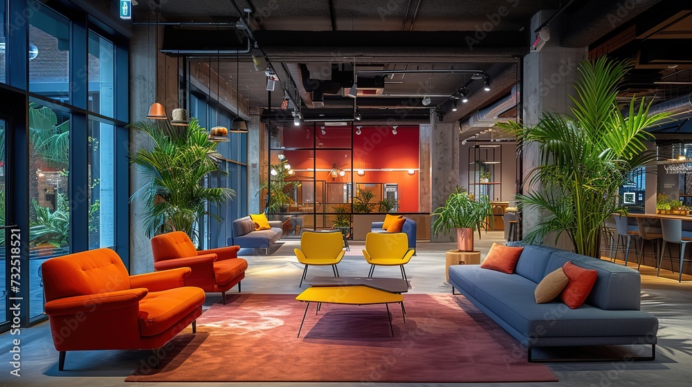 Modern office lounge designed with a bold color scheme, featuring ...