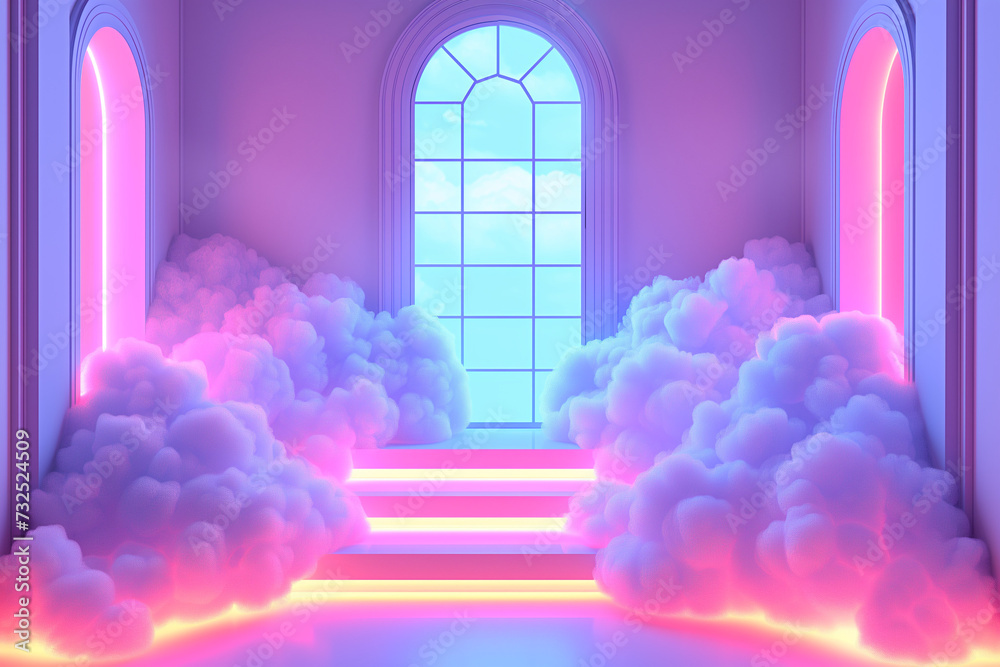 Pink neon atmospere room with a window steps and clouds, modern concep ...