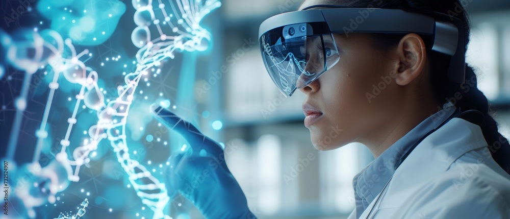 Focused woman wearing an AR headset interacting with a holographic DNA ...