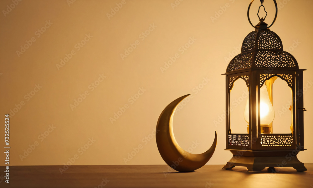 Empty banner with a golden statue of a crescent moon as a traditional ...