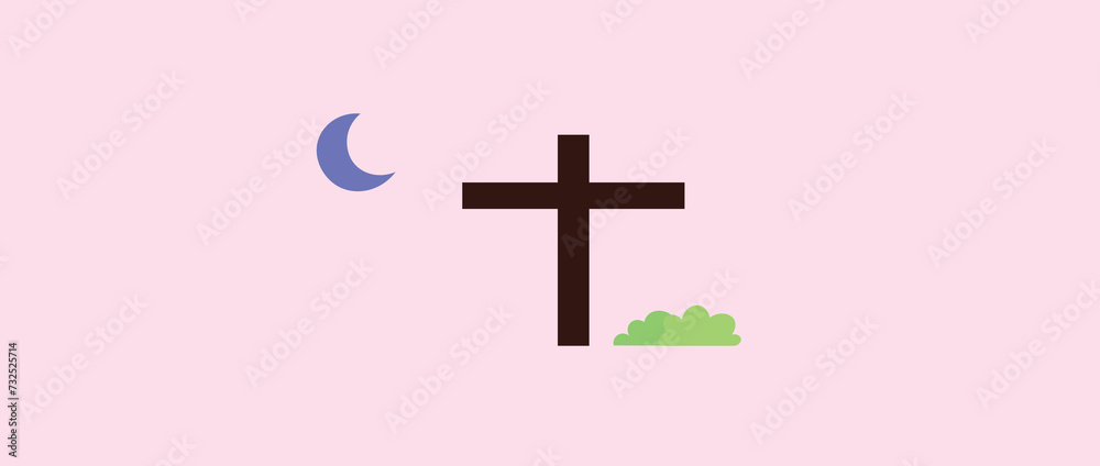 christian symbol background purple cross with moon and grass bush ...