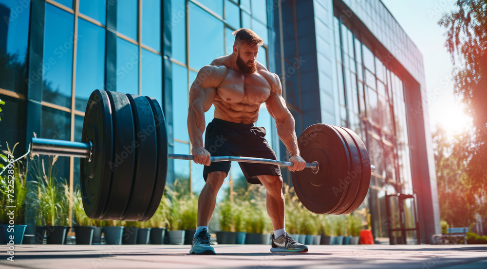 Strong man very muscular bodybuilder lifts weights with heavy dumbbells ...