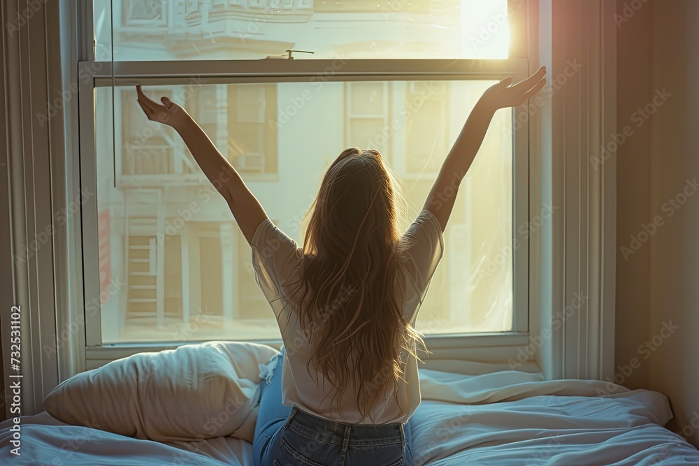 Radiant Morning: A happy young woman begins her day with a joyful ...