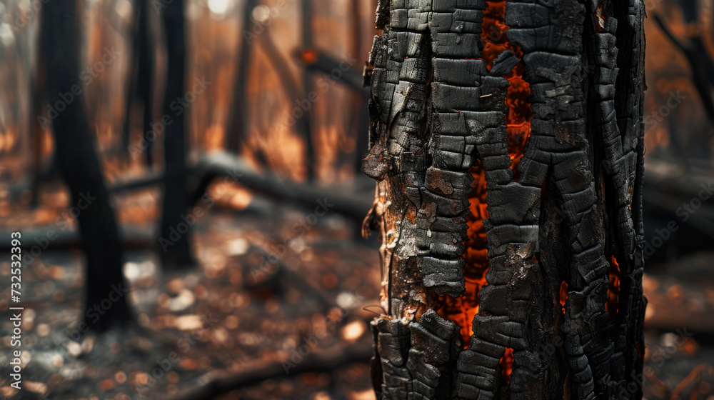 Charred Tree Trunk in a Burnt Forest Landscape, A blackened tree trunk ...