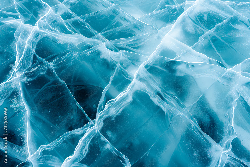 transparent blue ice on a frozen lake with intricate cracks, creating ...