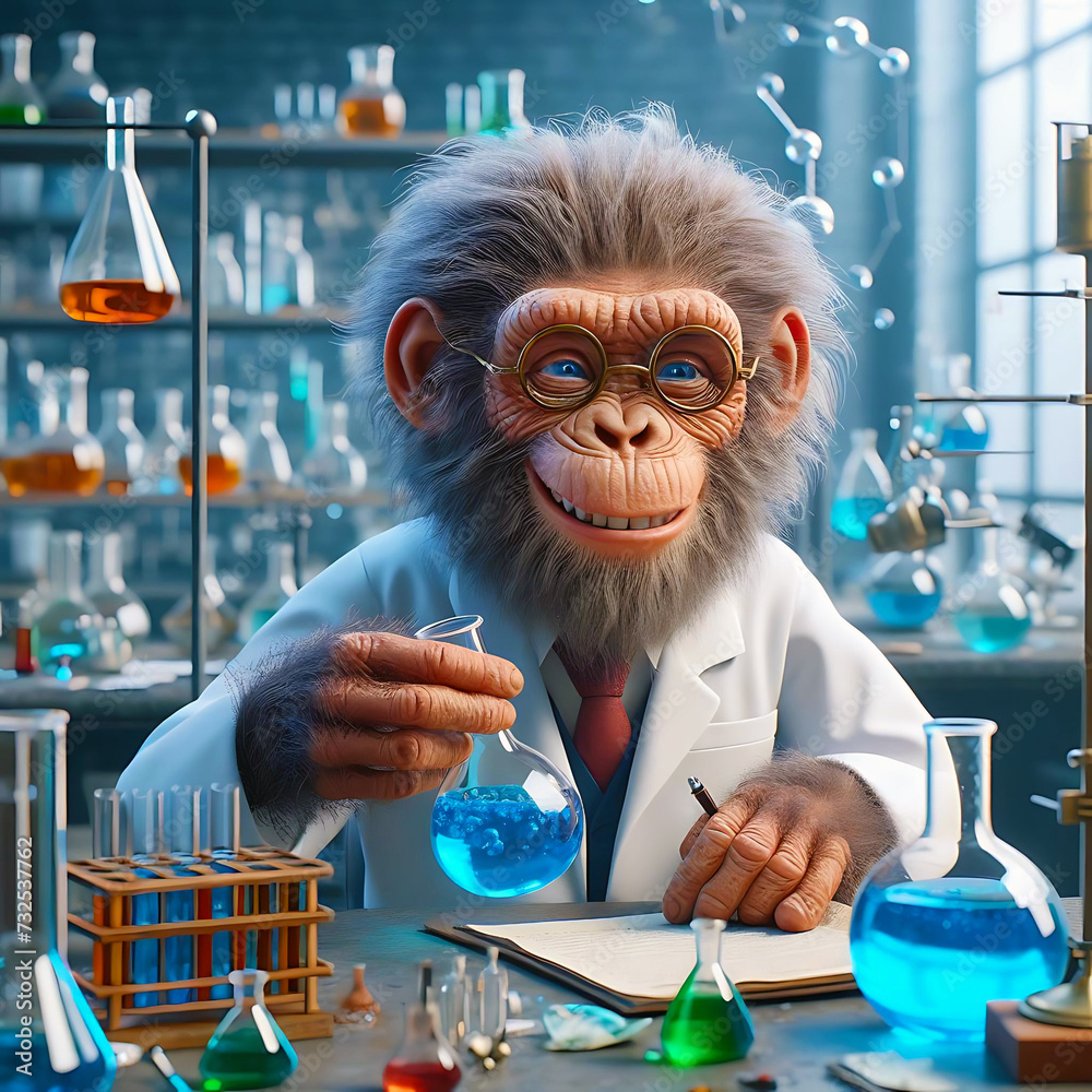 Happy smiling disheveled prehistoric man Australopithecus as scientist ...