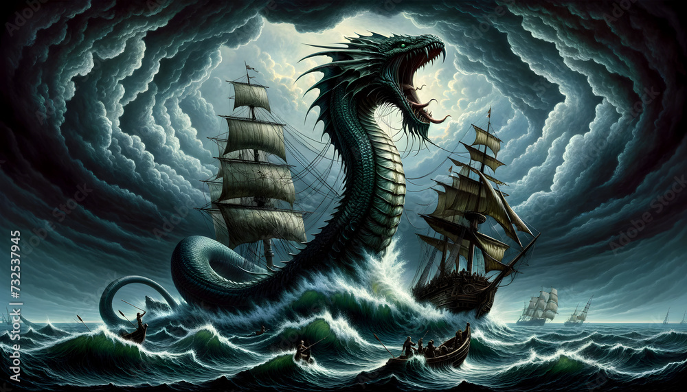 illustration of a mythological sea serpent creature attacking a ship ...