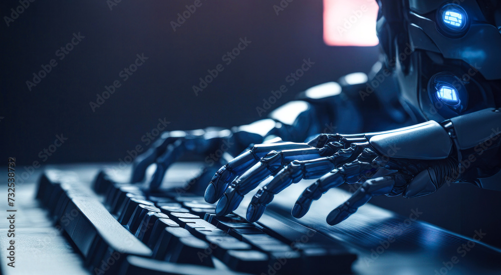 Robot hands typing on a keyboard. Humanoid use computer. AI, Artificial intelligence, future ...