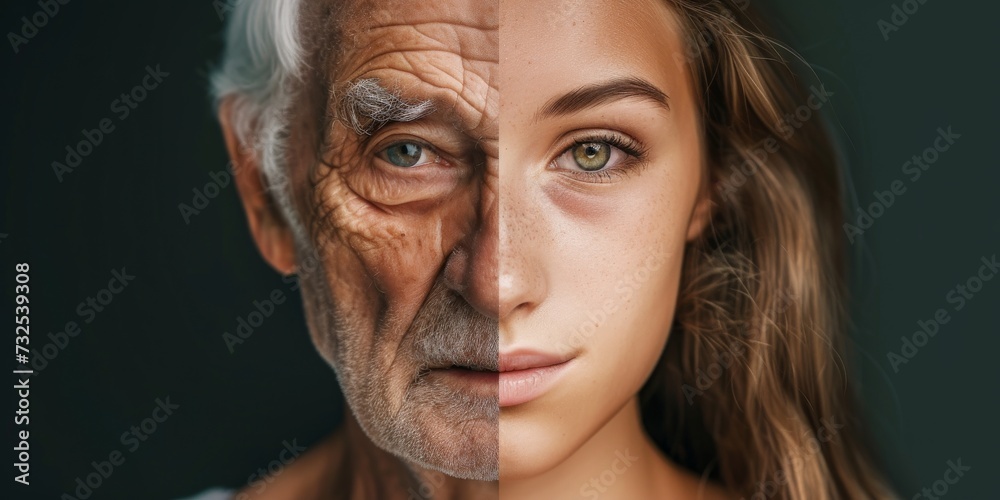 Half-face portraits of a young woman and an elderly man merged to ...