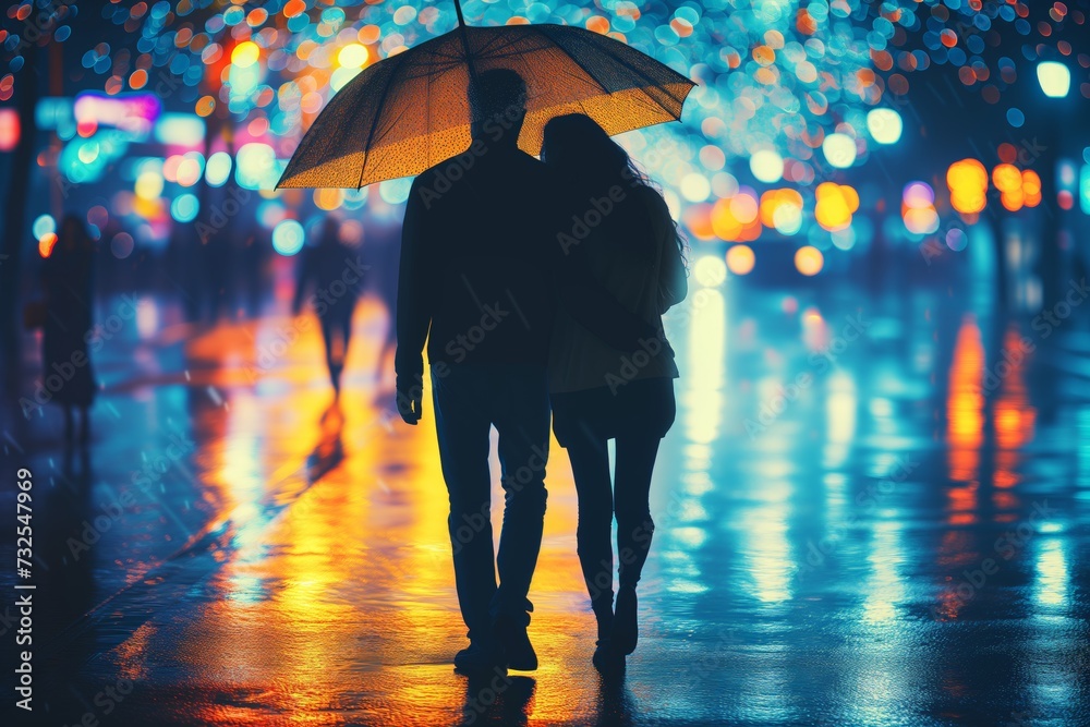 Couple walking together under umbrella at night, city lights creating a bokeh effect, romance in ...