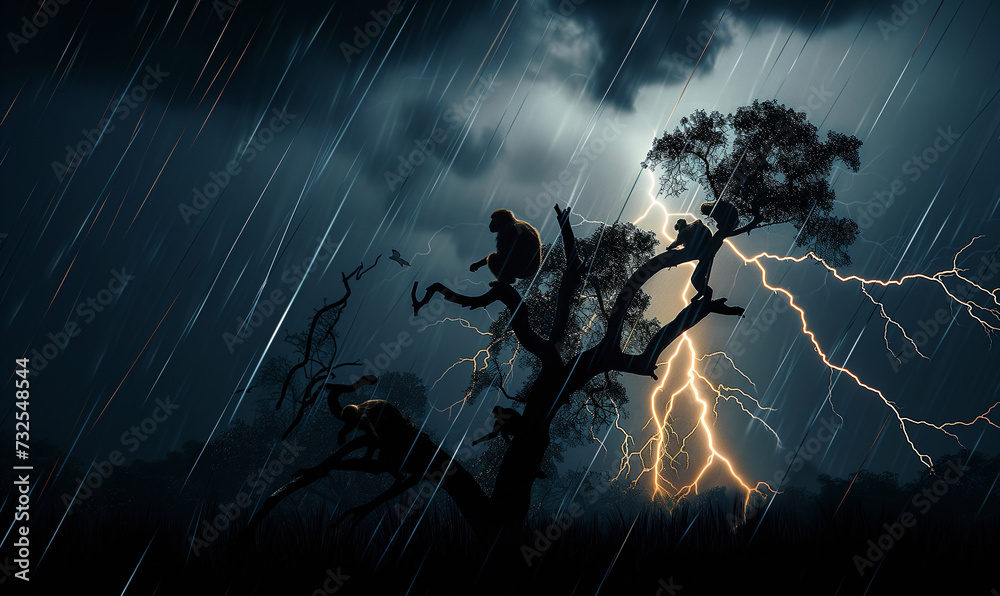 Silhouettes of a group of monkeys sit on the acacia tree in the ...