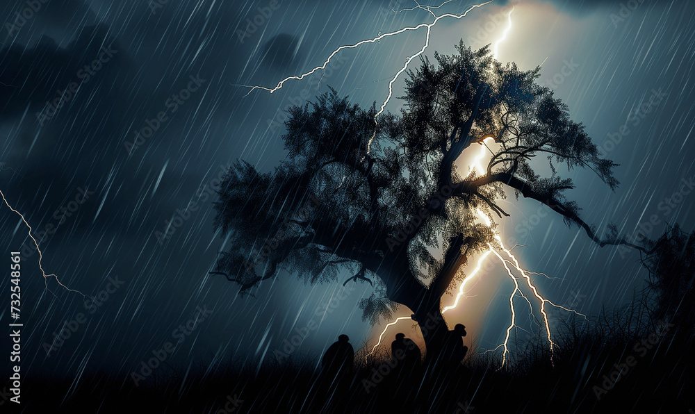 Silhouettes of a group of monkeys sit on the acacia tree in the ...