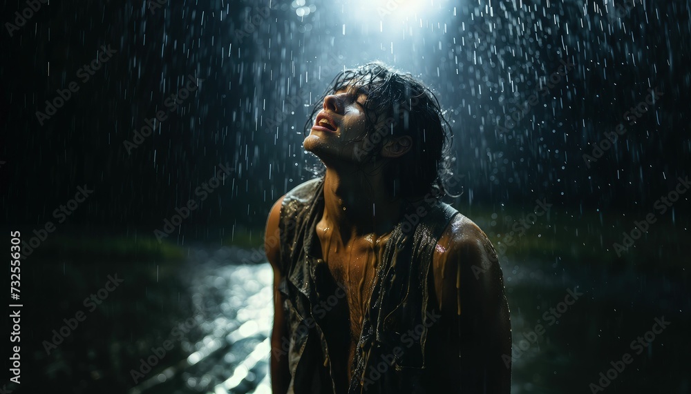 AI generated illustration of a man standing in the rain looking up to ...