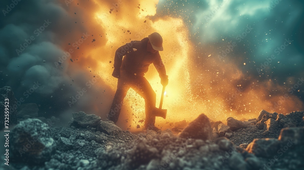 An imaginative scene of a person breaking through a brick wall with a ...
