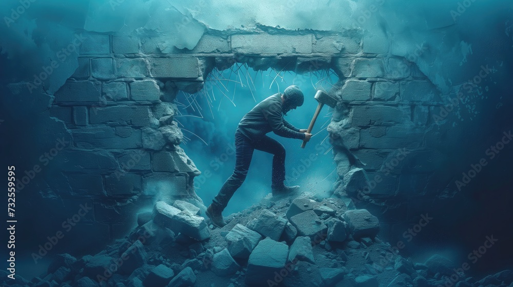 An imaginative scene of a person breaking through a brick wall with a ...