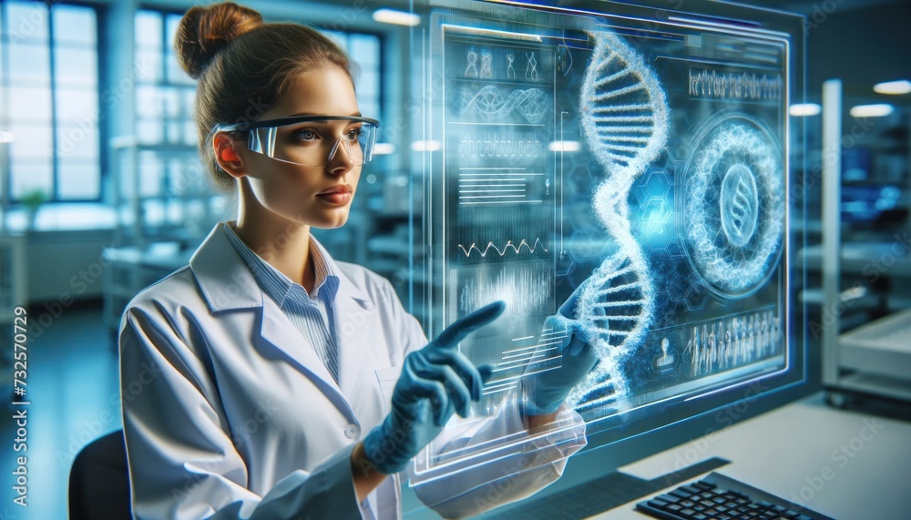 female scientist or engineer interacting with a 3D holographic display ...