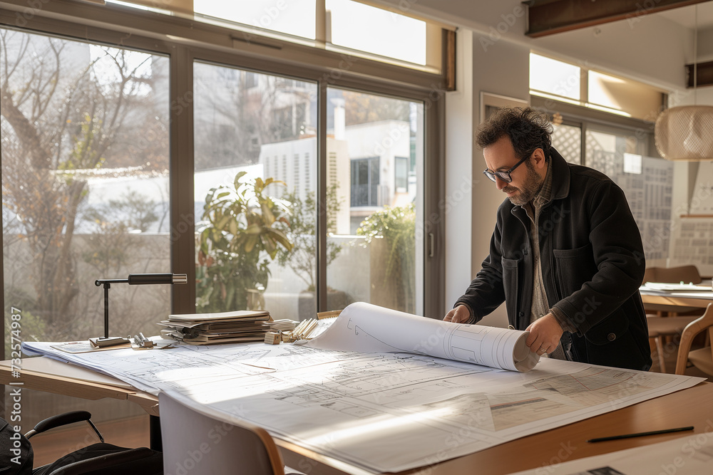 architecte homme caucasien en train de dérouler des plans d'architecte ...