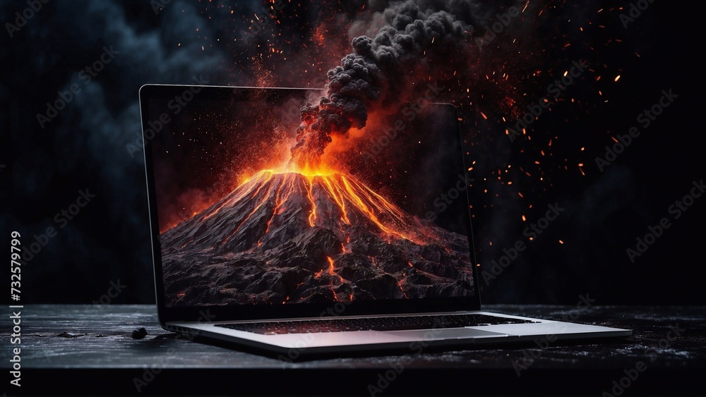 laptop screen with volcano eruption on black table, technological ...