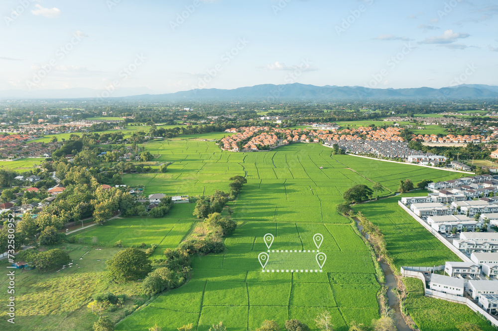Land plot in aerial view. Identify registration symbol of vacant area ...
