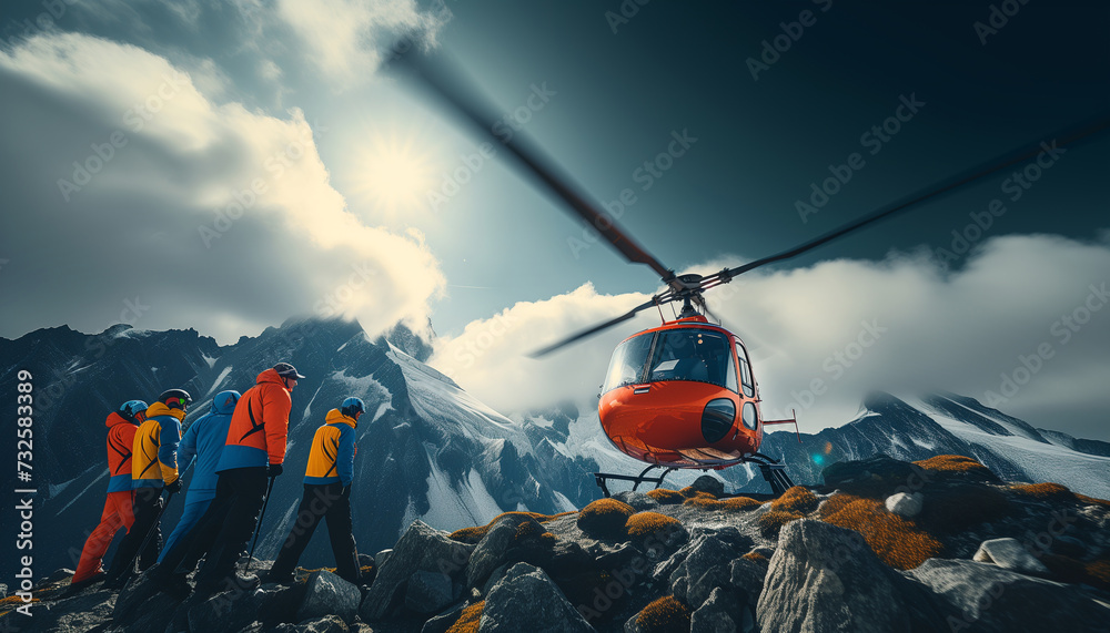 Foto de Red Medical Rescue helicopter landing in high altitude ...