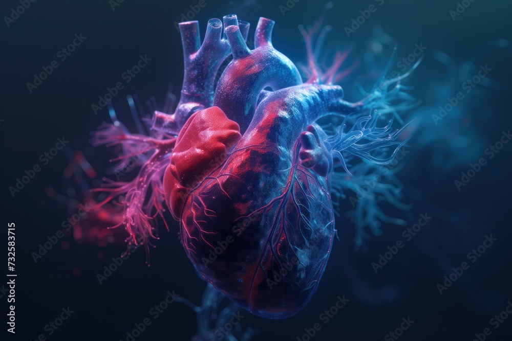 A 3D medical illustration of a human heart with a detailed view of the ...