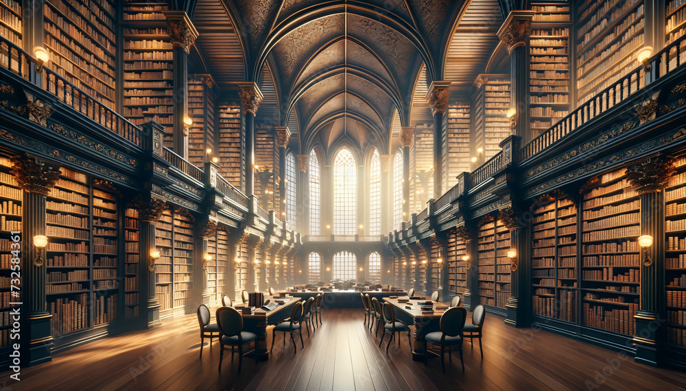 An opulent library with towering bookshelves, gothic arches, and warm ...