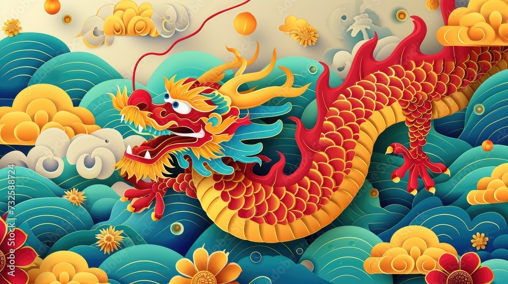 Papercut art of chinese dragon and sea waves for chinese new year Stock ...