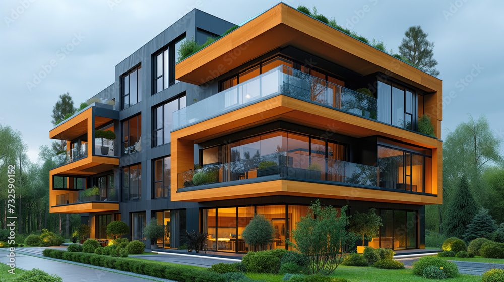 Sustainable building architecture model with blueprints, energy ...