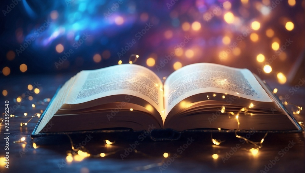 Imagine a Mesmerizing open book with divine lights coming from the sky ...
