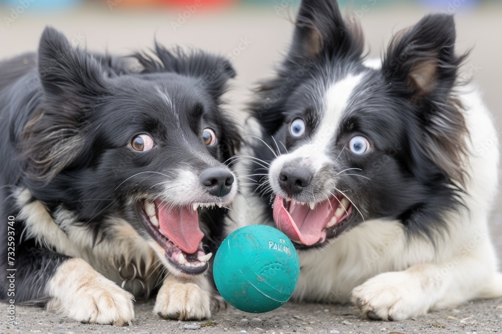 Fotka „Two Border Collies Sharing a Green Ball. Pair of excited Border ...