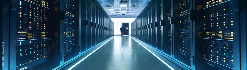 Long corridor of a data center server room lined with equipment racks ...