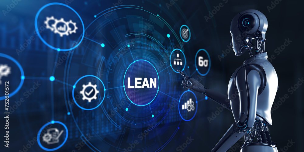 Lean manufacturing development concept. Robot pressing button on screen ...