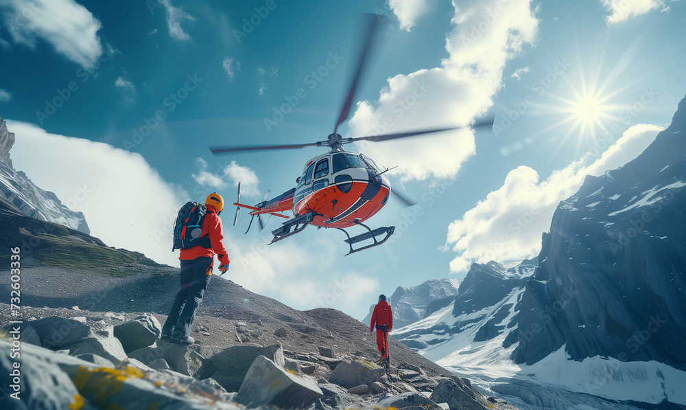 Medical Rescue helicopter landing in high altitude Himalayas mountains ...