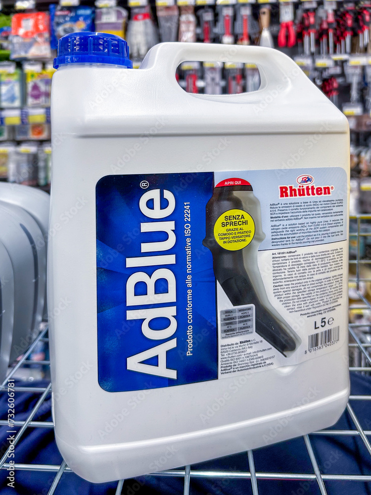 Italy - February 10, 2024: AdBlue urea-based solution in Rhutten brand ...