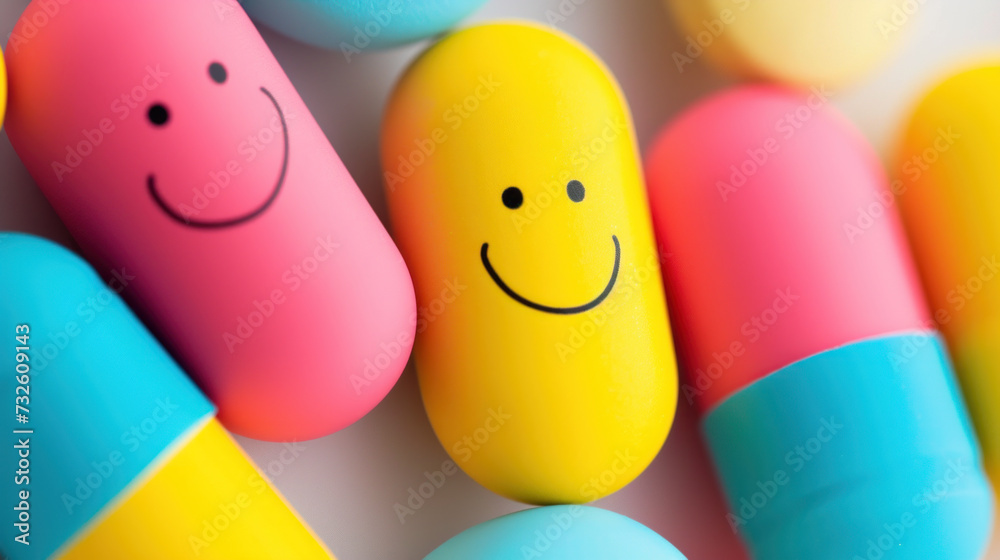 Pile of feel good medications with smiling emoticons, close-up Stock ...