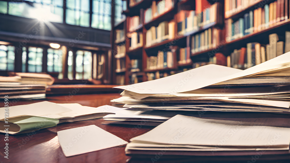 Badly Messed up Library with piles of Books pages and papers Stock ...